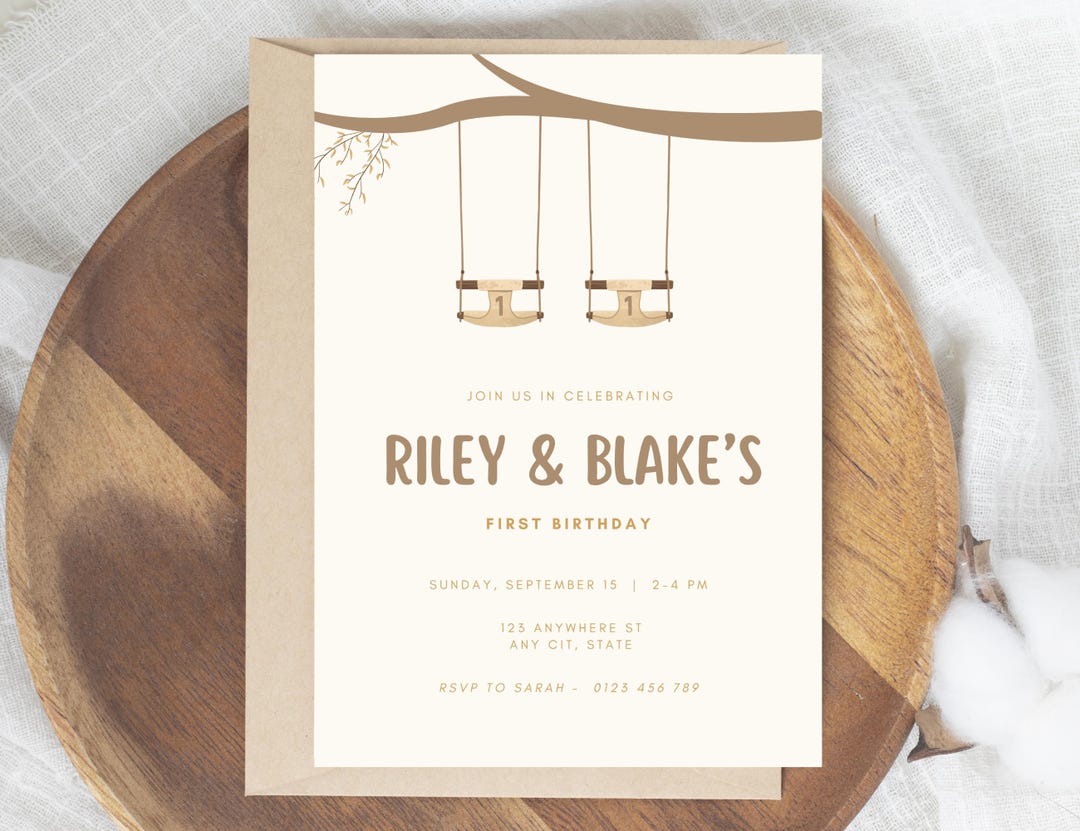 Twin First Birthday Invitation, Neutral Swing Theme (canva Template) - Etsy