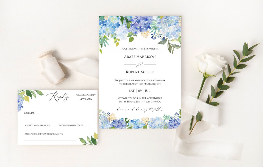Printable Hydrangea Wedding Invitation // Blue and Green Floral Wedding ...