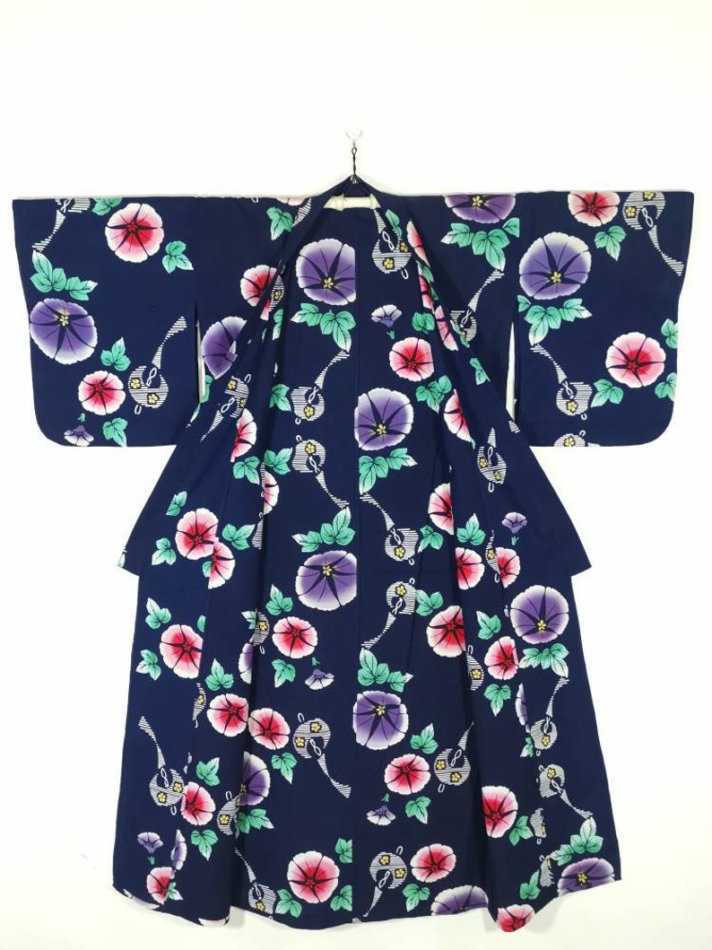 Japanese Kimono Robe Blue Floral Cotton Kimono Dress Floral Etsy