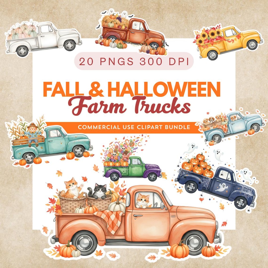 Fall & Halloween Farm Truck Clipart Bundle | 20 Pngs 300 DPI ...