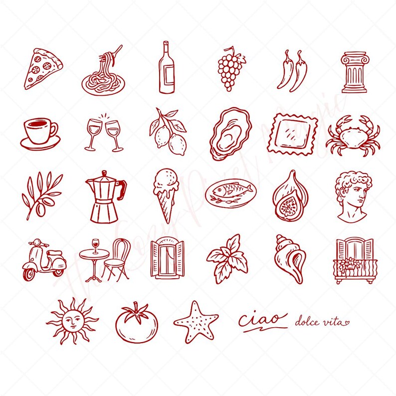 La Dolce Vita Clipart Bundle – Italian Holiday Doodles | 29 Pngs & 29 ...