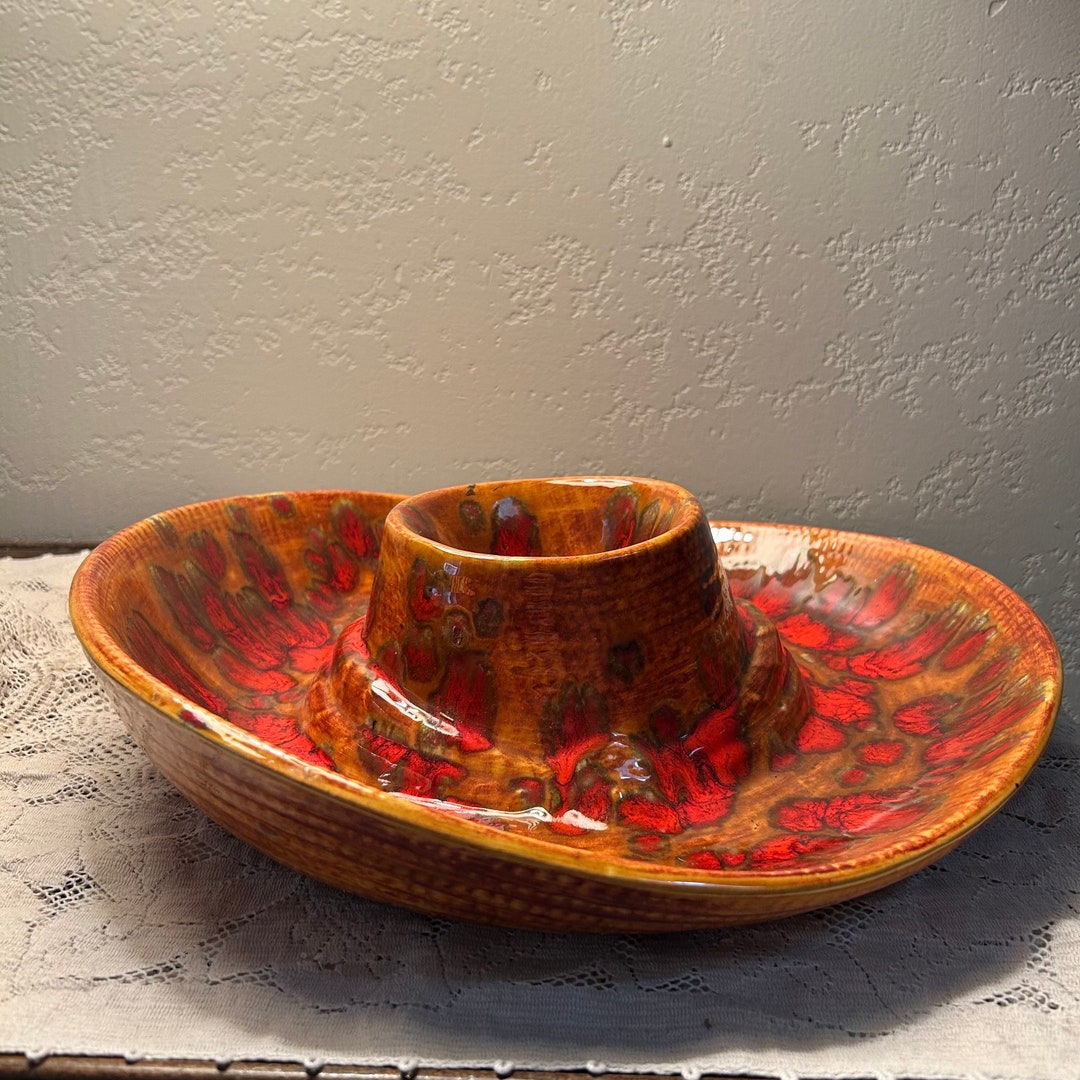 Vintage Ceramic Glazed Sombrero Hat Chip & Dip Platter Bowl 13” X 12” X ...