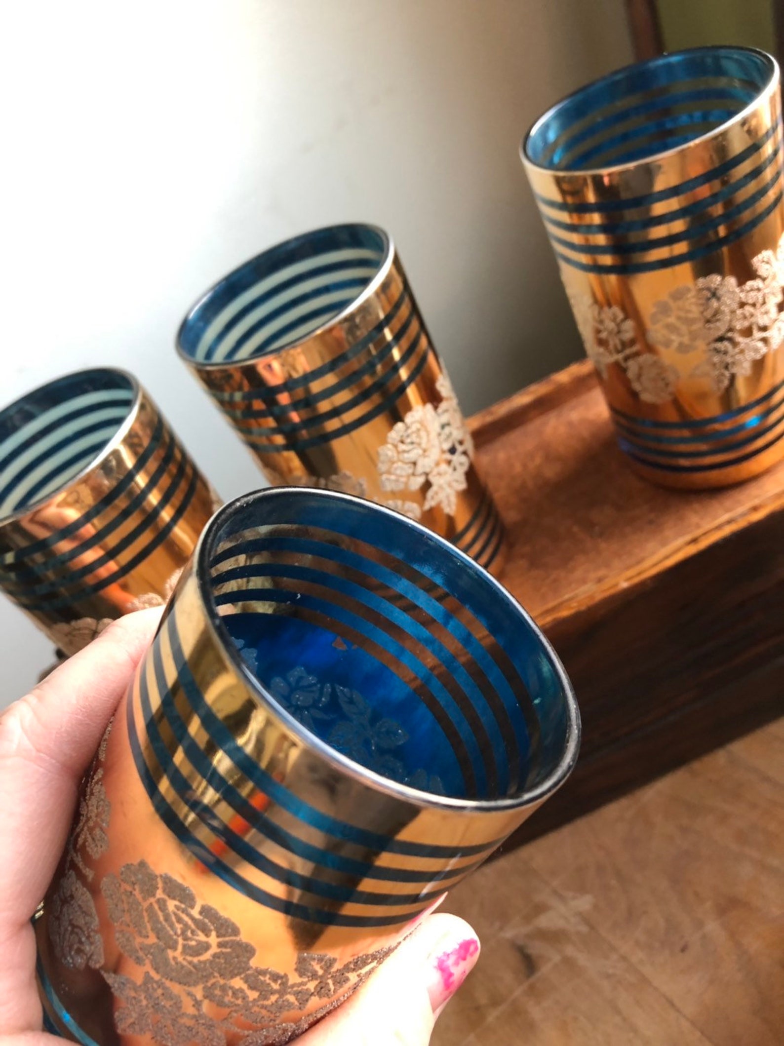 Beautiful Blue and Gold Glass Juice Cup Set. With Glittery Floral ...
