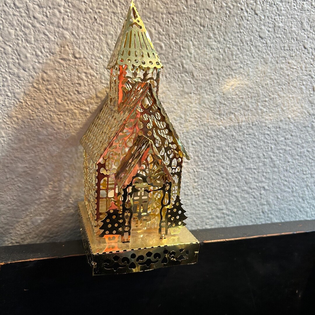 Vintage Filigree CHURCH Tea Light 7.5” Gold Brass Metal Lantern ...