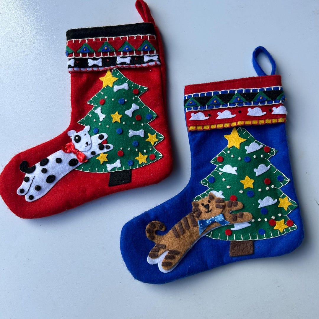 Vintage Pair of Avon Christmas Stocking for Dog and Cat. Felted Kitty ...
