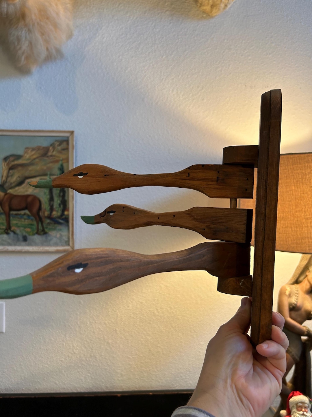 3 Arm Duck Goose Vintage Wooden Coat Hanger. Kitchen Apron Hanger ...