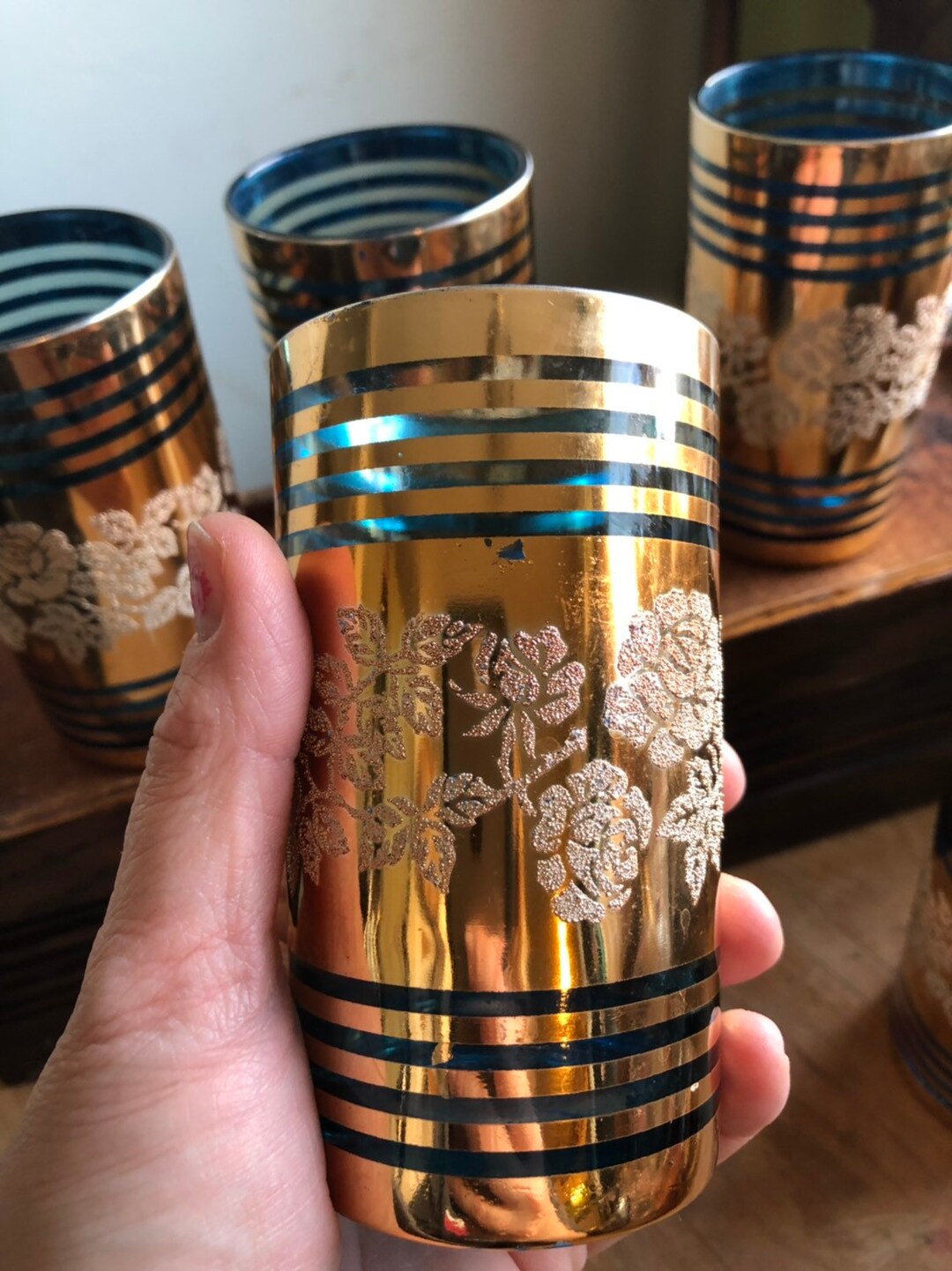 Beautiful Blue and Gold Glass Juice Cup Set. With Glittery Floral ...