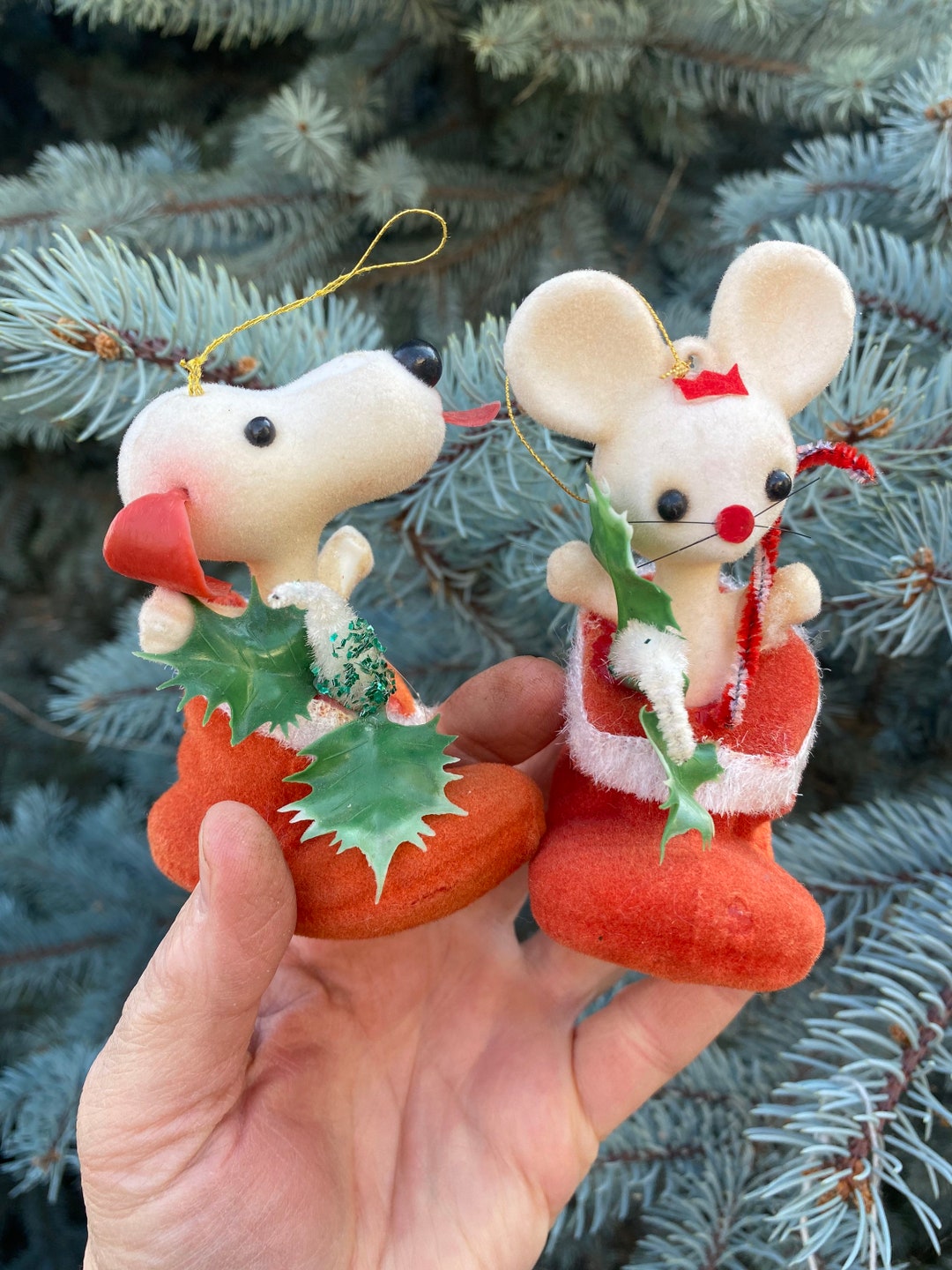 Vintage Pair of Flocked/felted Snoopy and Mouse Ornaments. Plastic and ...