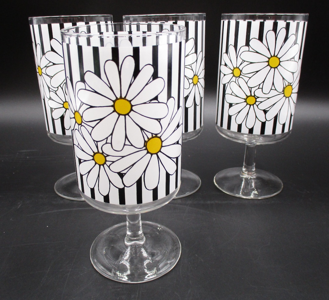 Set of Four Pop-art Daisy Goblets on Black and White Striped Background ...
