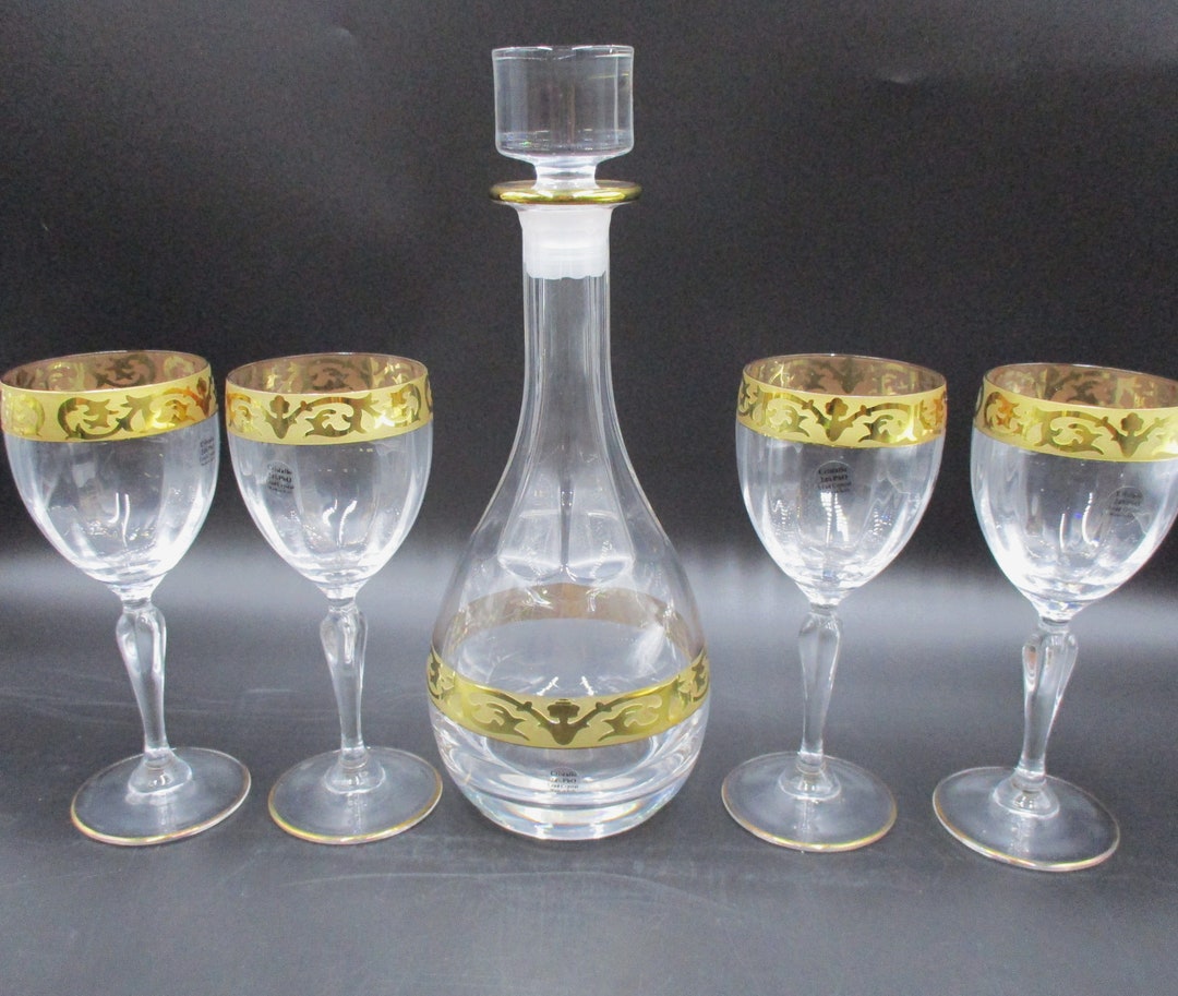 Italian Lead Crystal Wine Decanter and 4 Wine Glasses, Cristallo, 24% ...
