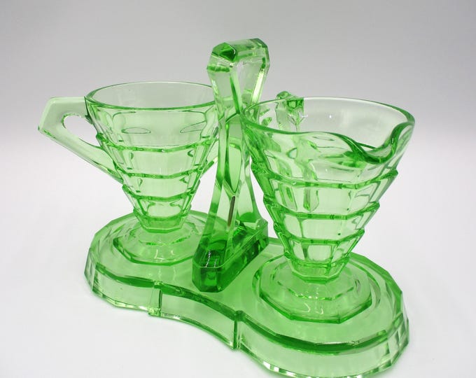 Indiana Green Uranium Glass, Tea Room Creamer and Sugar With Caddy - Etsy