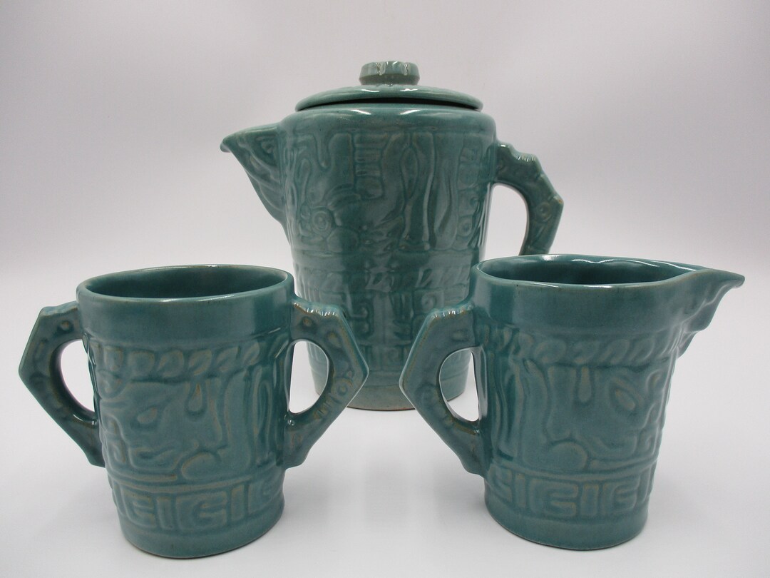 Frankoma Mayan Aztec Turquoise Teapot, Creamer, Sugar, 7A, 7B, and 7T ...