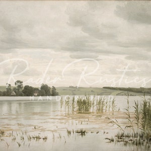 Country Pond With Reeds Vintage Landscape Painting Framed Panoramic ...