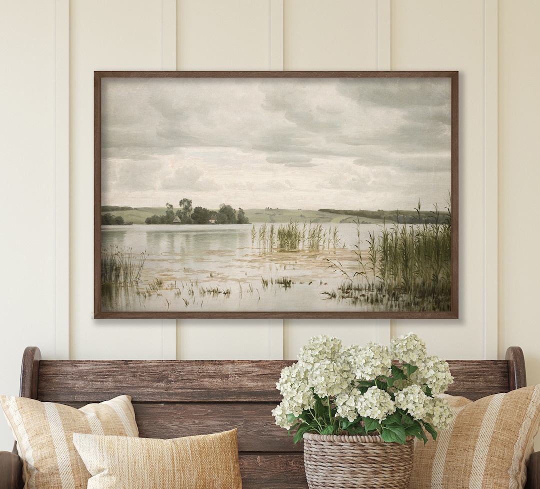 Country Pond With Reeds Vintage Landscape Painting Framed Panoramic ...