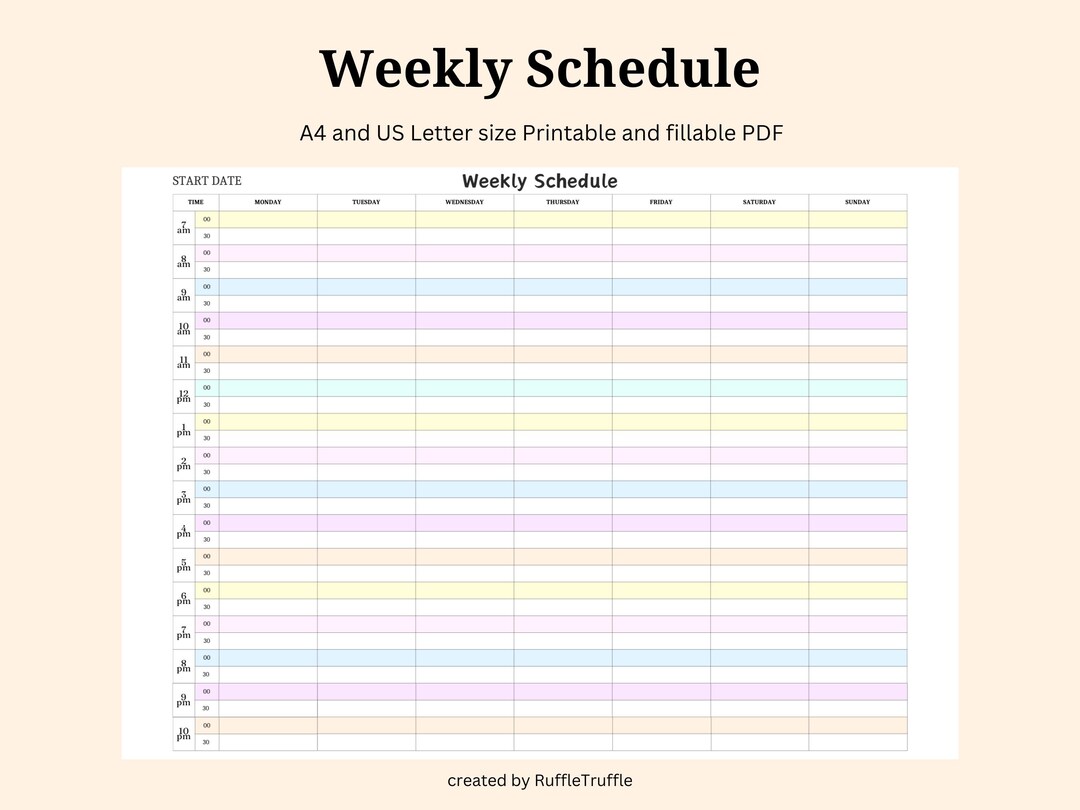 Editable Weekly Schedule, Weekly Printable Planner, Half Hour Weekly ...