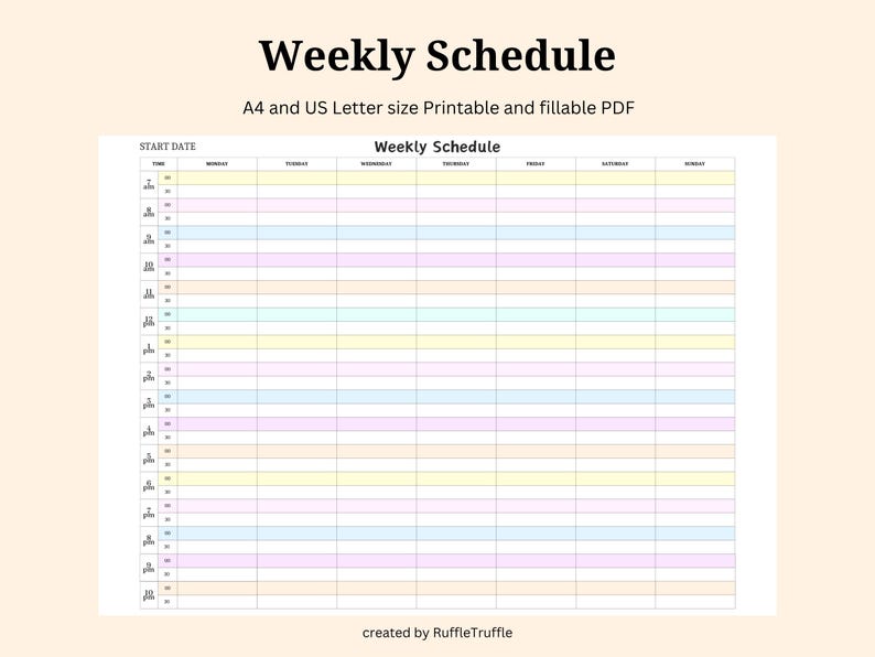 Editable Weekly Schedule, Weekly Printable Planner, Half Hour Weekly ...