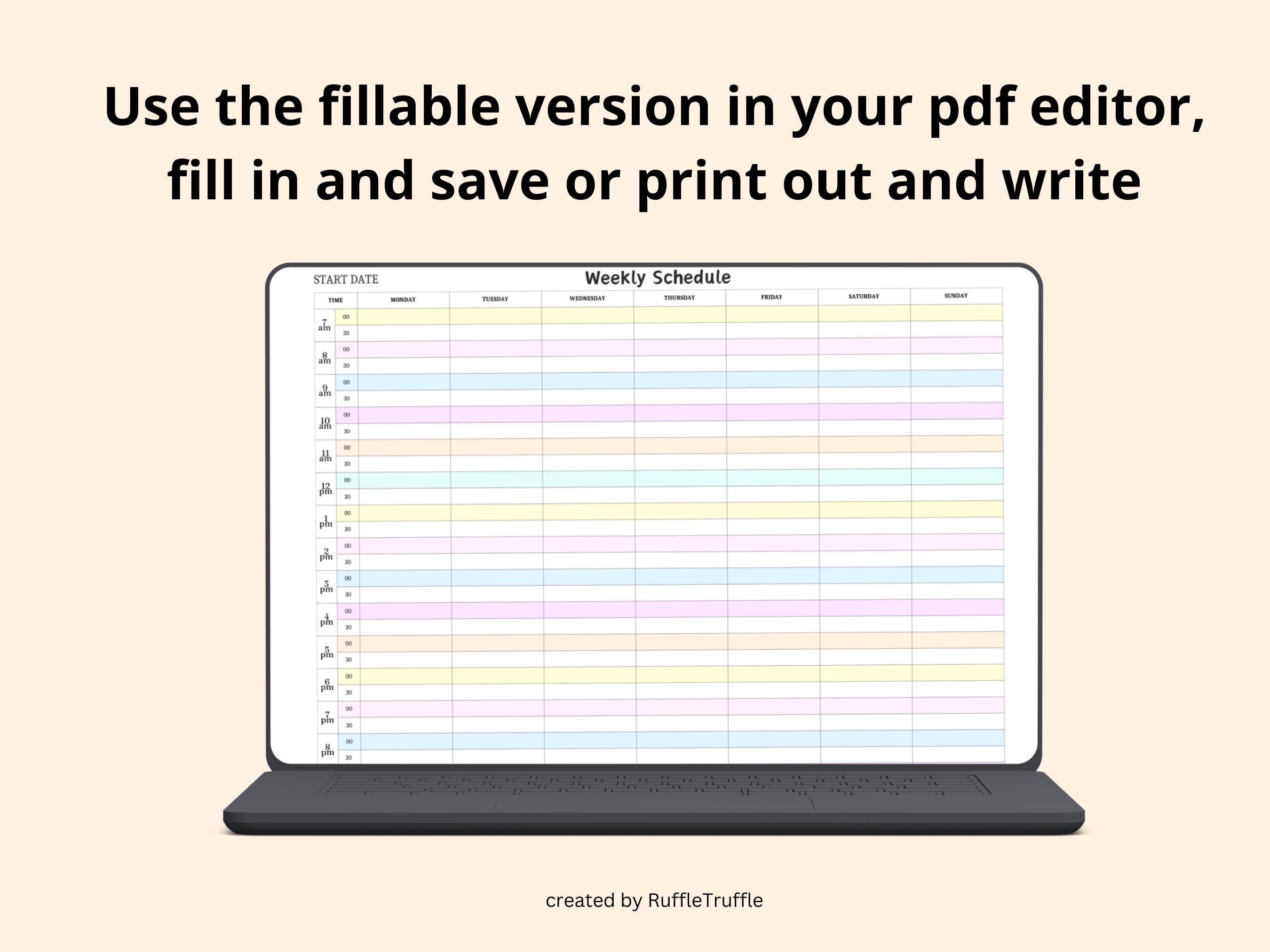 Editable Weekly Schedule, Weekly Printable Planner, Half Hour Weekly ...