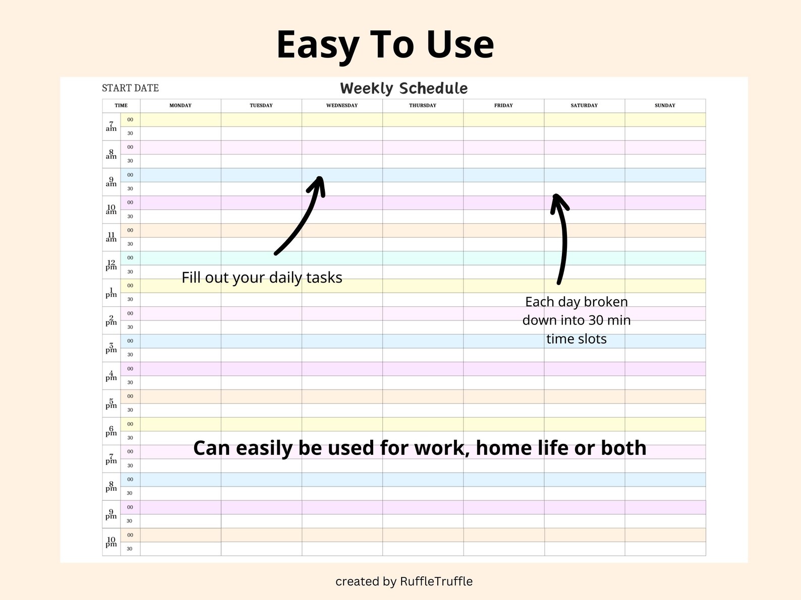 Editable Weekly Schedule, Weekly Printable Planner, Half Hour Weekly ...