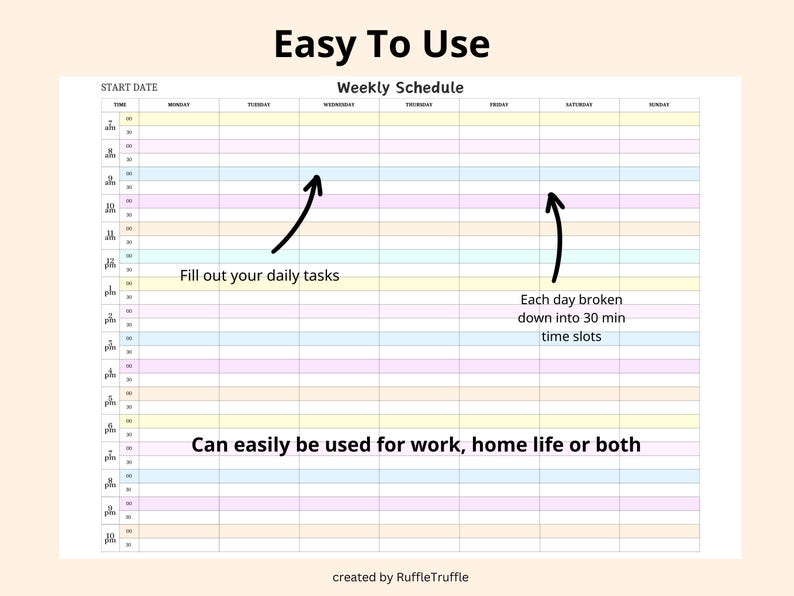 Editable Weekly Schedule, Weekly Printable Planner, Half Hour Weekly ...