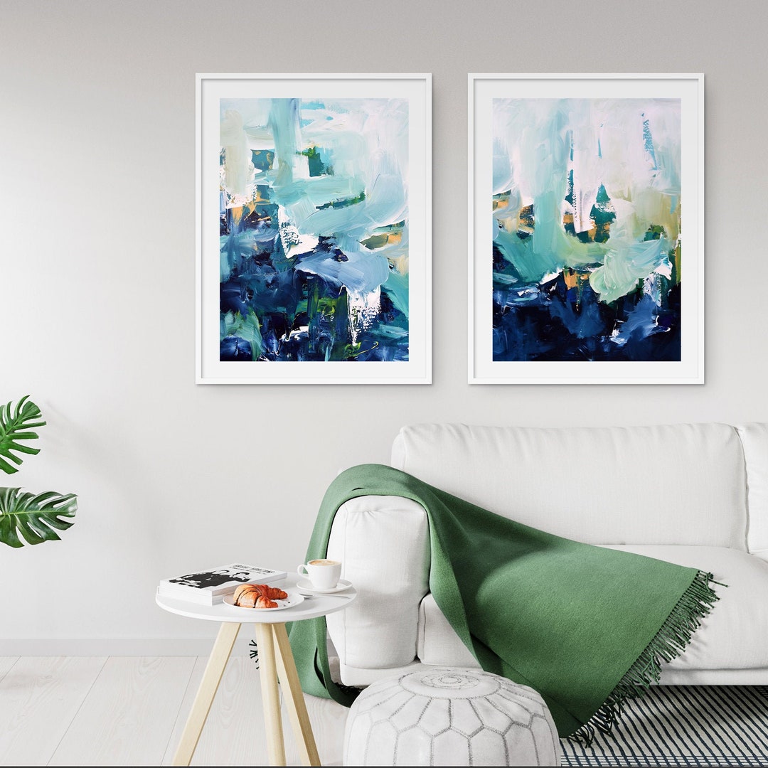 Set of 2 Framed ART Abstract Print Wall Art, Large Wall Art, Blue ...