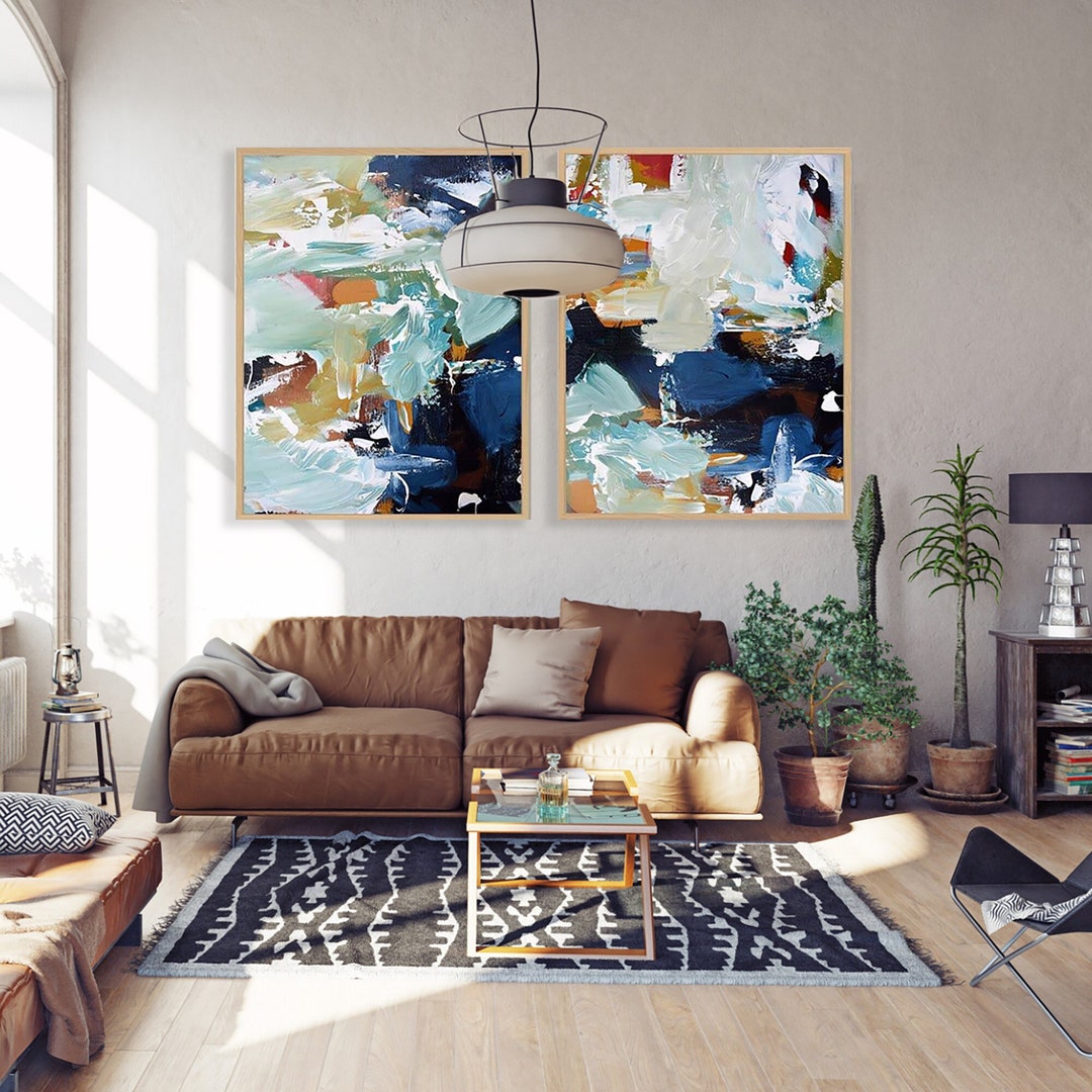 Large Canvas Set of 2. Blue Teal Oversized Abstract Canvas Set of 2 ...