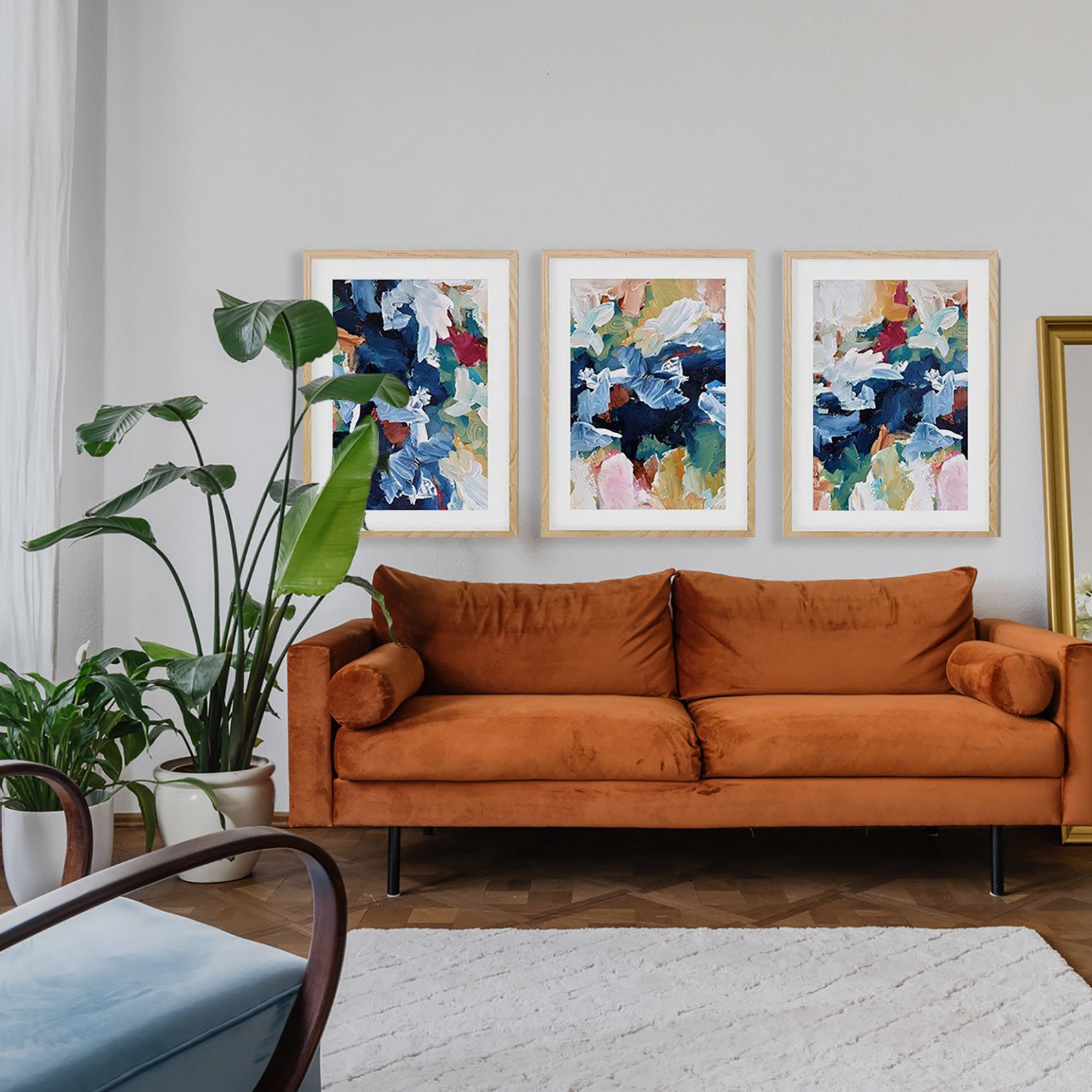 SET OF 3 Framed Art Abstract Print Wall Art, Large Wall Art, Blue ...