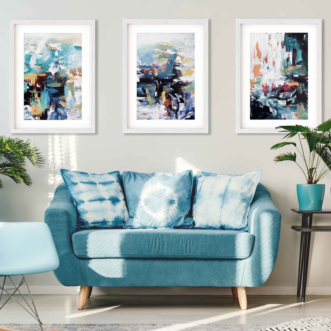 SET OF 3 Framed Art Abstract Print Wall Art, Large Wall Art, Blue ...