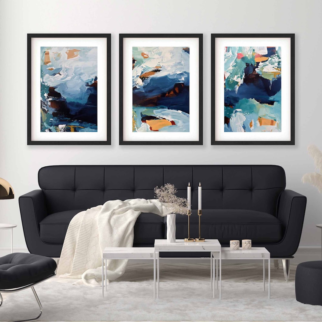SET OF 3 Framed Art Abstract Print Wall Art, Large Wall Art, Blue ...
