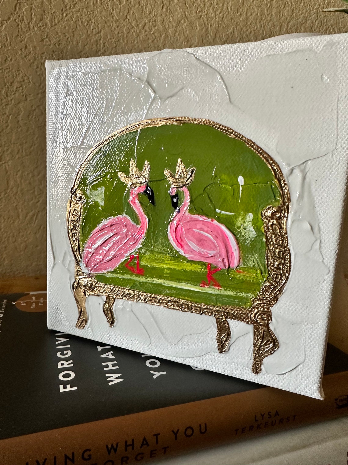 Flamingo Artwork, Abstract Flamingo Painting, 6x6 Canvas Art,,green ...