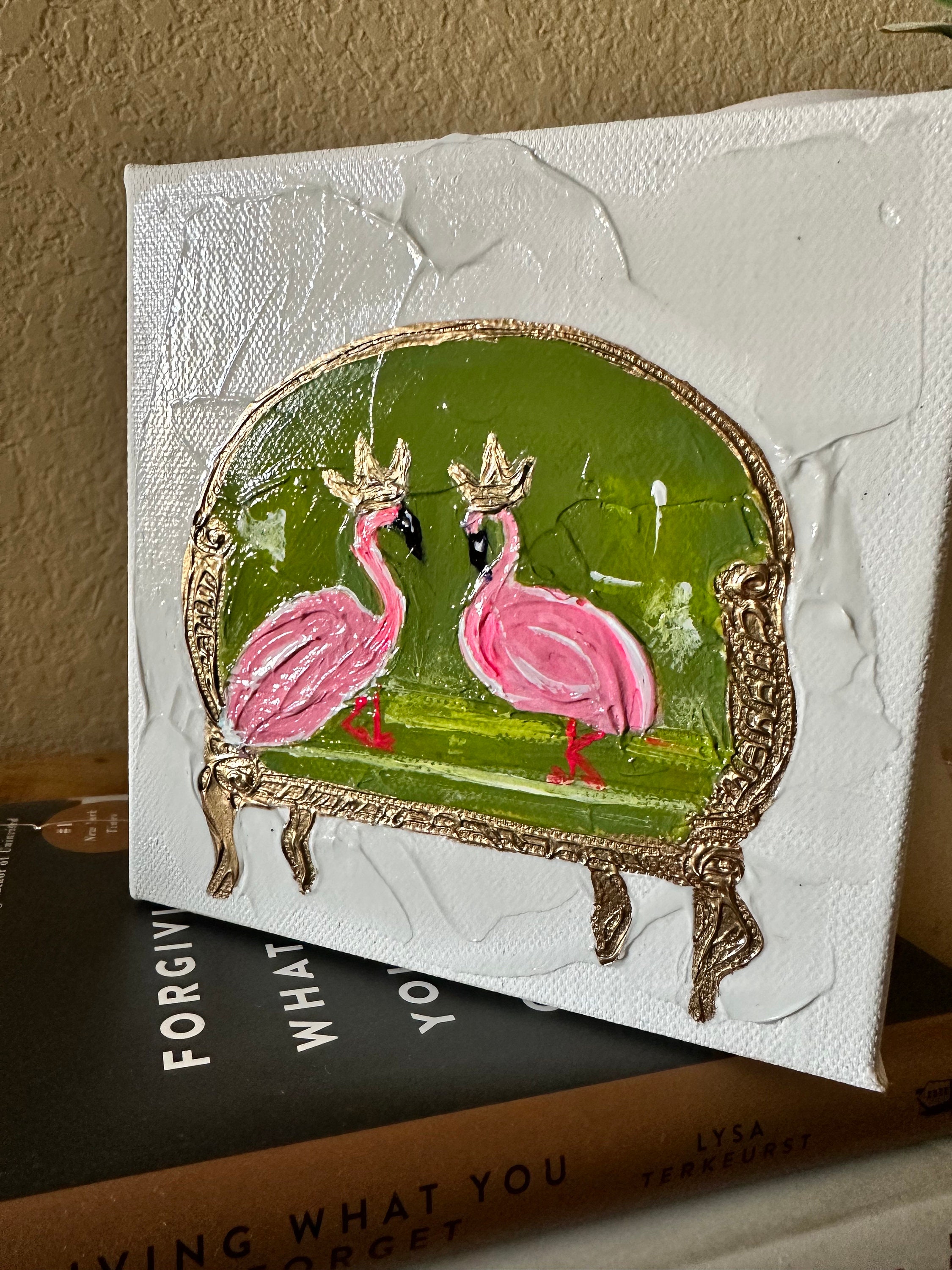 Flamingo Artwork, Abstract Flamingo Painting, 6x6 Canvas Art,,green ...