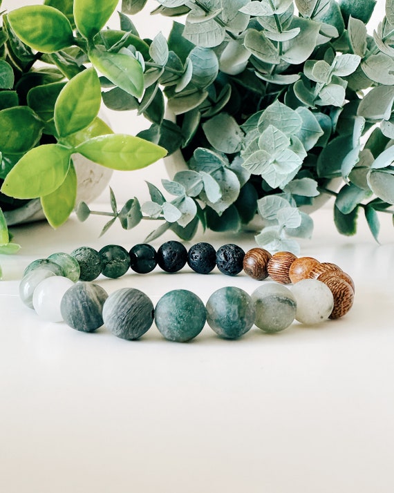 Mens beaded bracelet man stretch bracelet green moss agate gemstone bracelet Lava bead diffuser bracelet wood bead bracelet for him Etsy