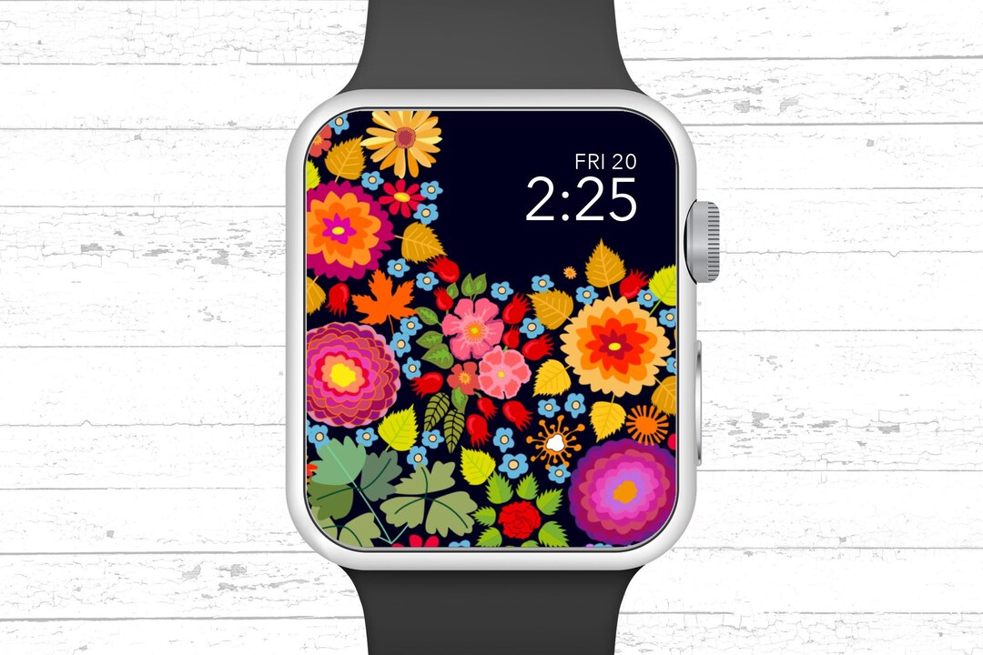 Apple Watch Wallpaper, Bright Hand Drawn Flowers on Black Background ...
