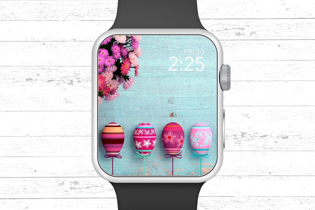 Apple Watch Wallpaper, Easter Eggs With Flowers on Blue Wood Grain ...