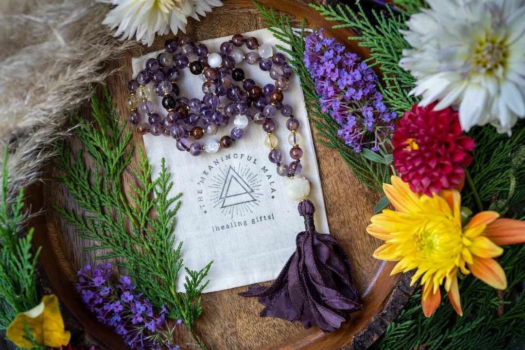 The Divine Stones 108 Mala Necklace Amethyst, Cacoxenite, Garnet ...