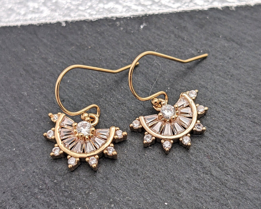 Art Deco Earrings Tiny Gold CZ Fan Crystal Bridal Earrings Fan Earrings ...