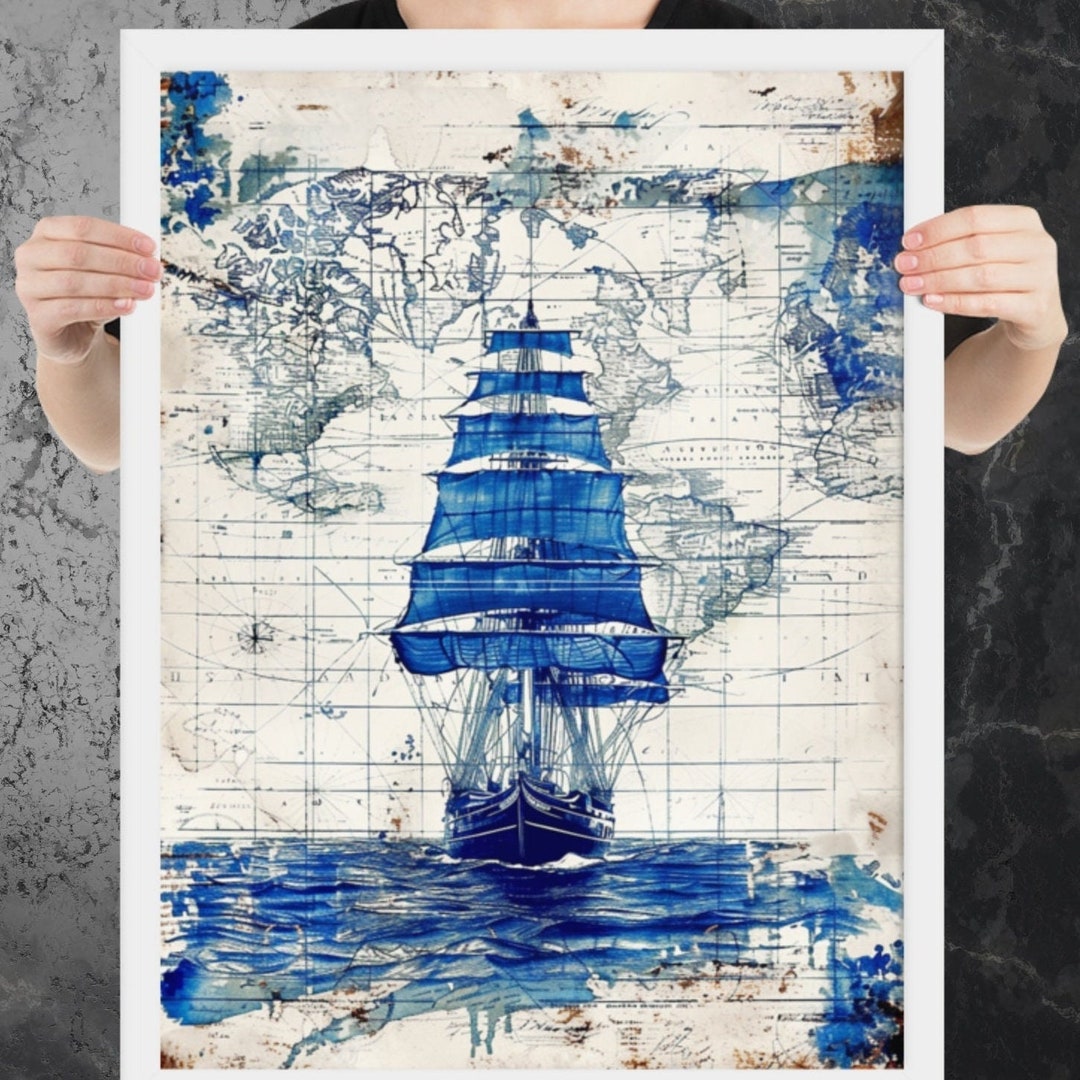 Vintage Ink Blue Ship Art Nautical Wall Decor Antique Map Decor ...