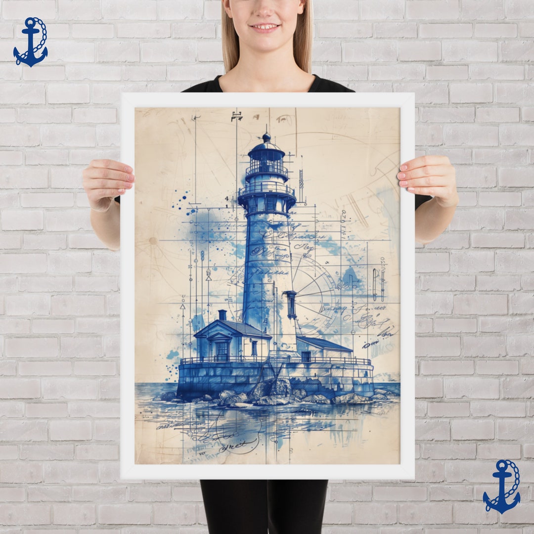 Blue Wall Decor Ink Lighthouse Art Print With Vintage Aged Paper ...