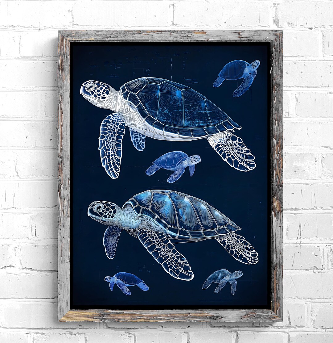 Sea Turtle Blueprint Diagram Style Nautical Home Decor Wall Art ...