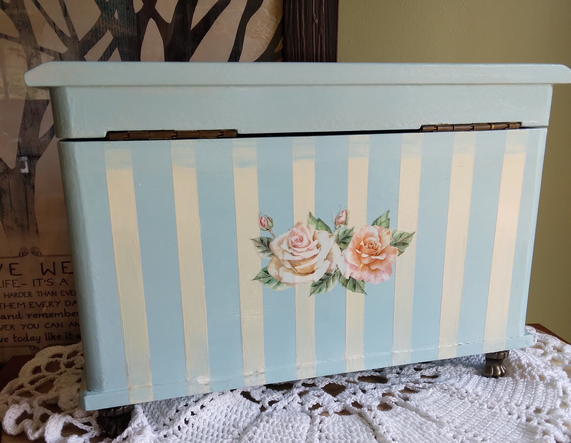 Refinished Wooden Vintage Jewelry Box. Hand Painted Pool Blue With ...