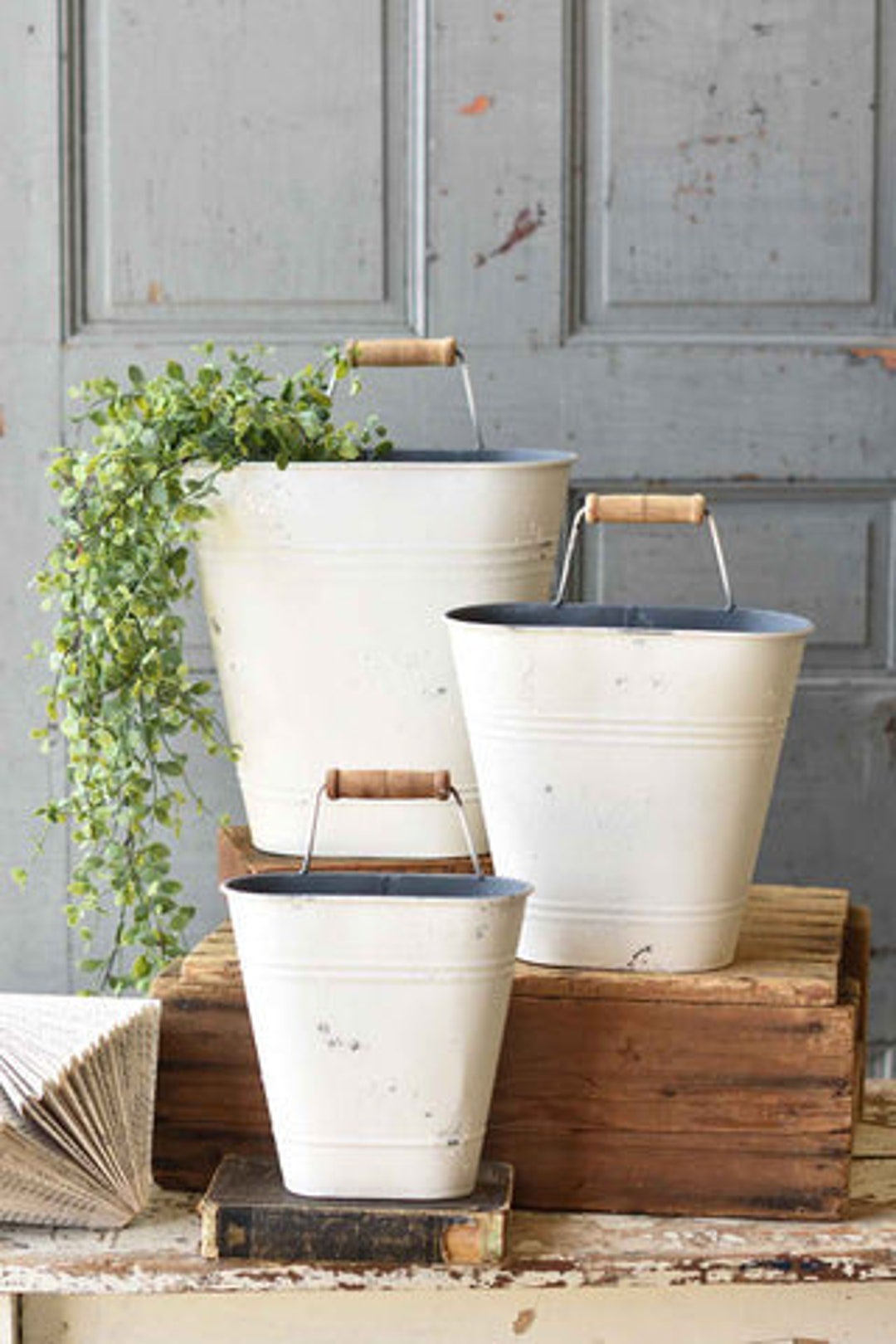 White Wall Buckets/ Flower Buckets for Door/ Farmhouse White Wash ...