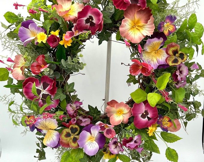 Spring Pansy Front Door Wreath/ Pansy Wall Wreath/ Easter Door Wreath ...