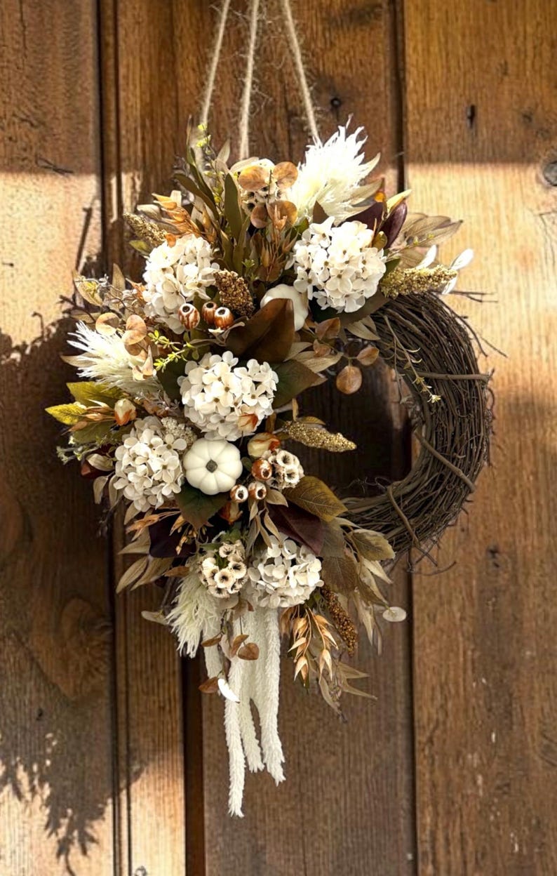 White Hydrangea Fall Wreath / Autumn Door Decor / Farmhouse Decor ...