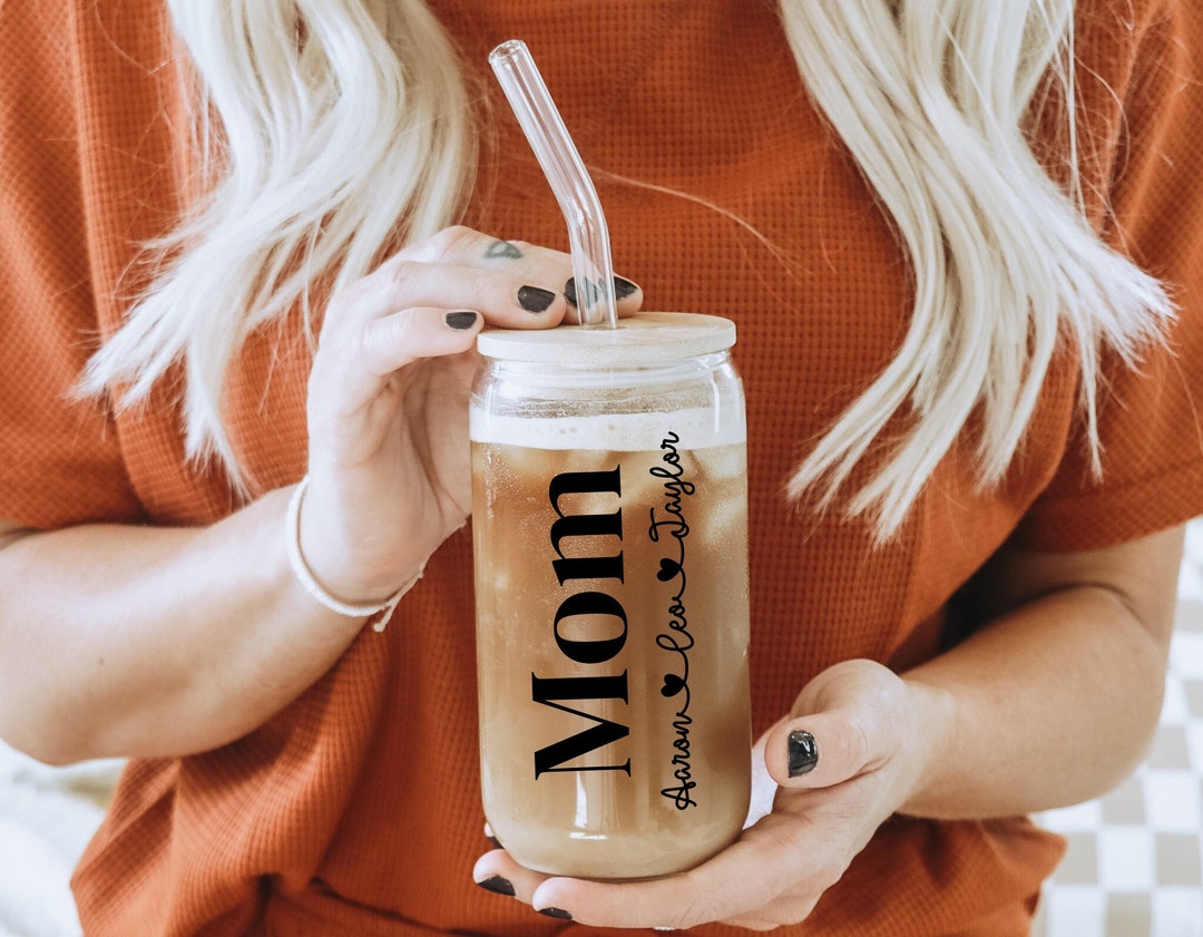 Custom Mom Glass Can, Libbey Glass Cup, Mama Iced Coffee Glass, Kids ...