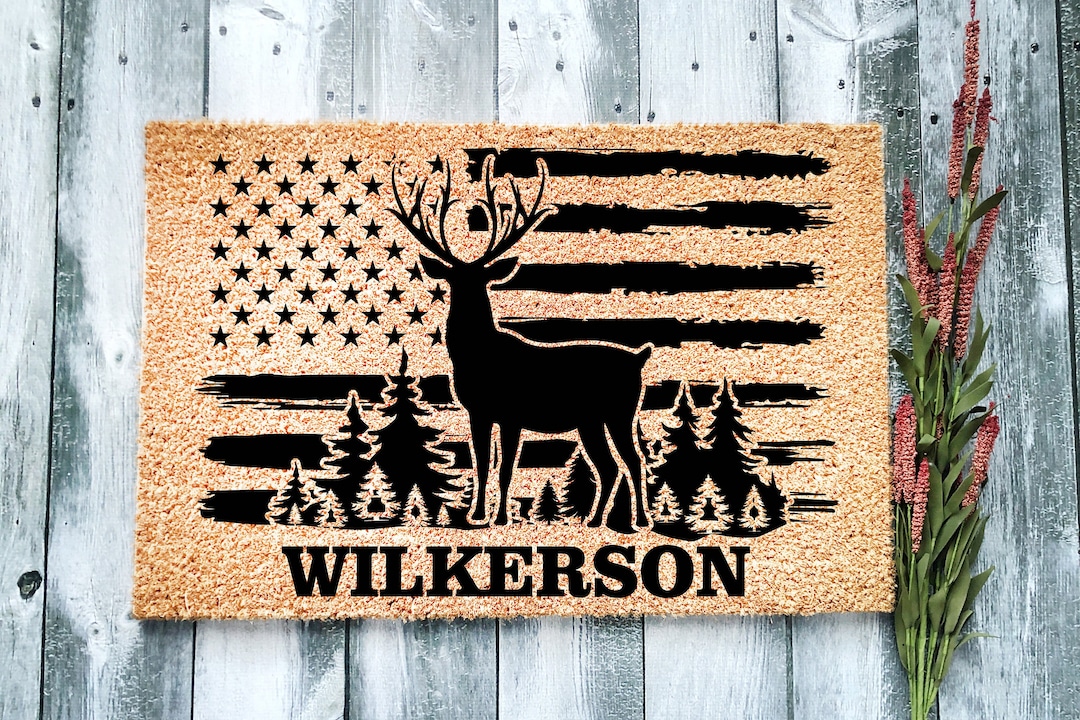 Personalized Door Mat American Flag, Deer Hunting Door Mat Outdoorsman ...