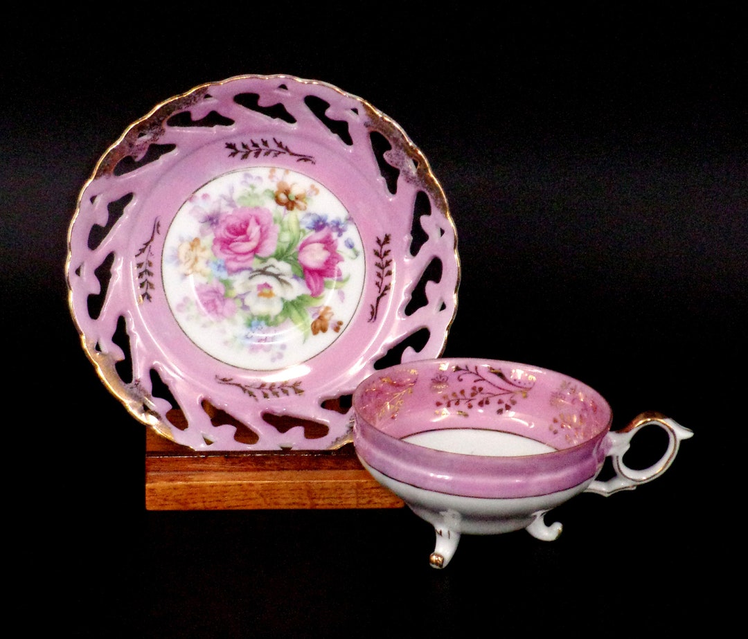 Vintage Pink Lusterware 3-footed Tea Cup With Pierced Saucer, Floral - Etsy
