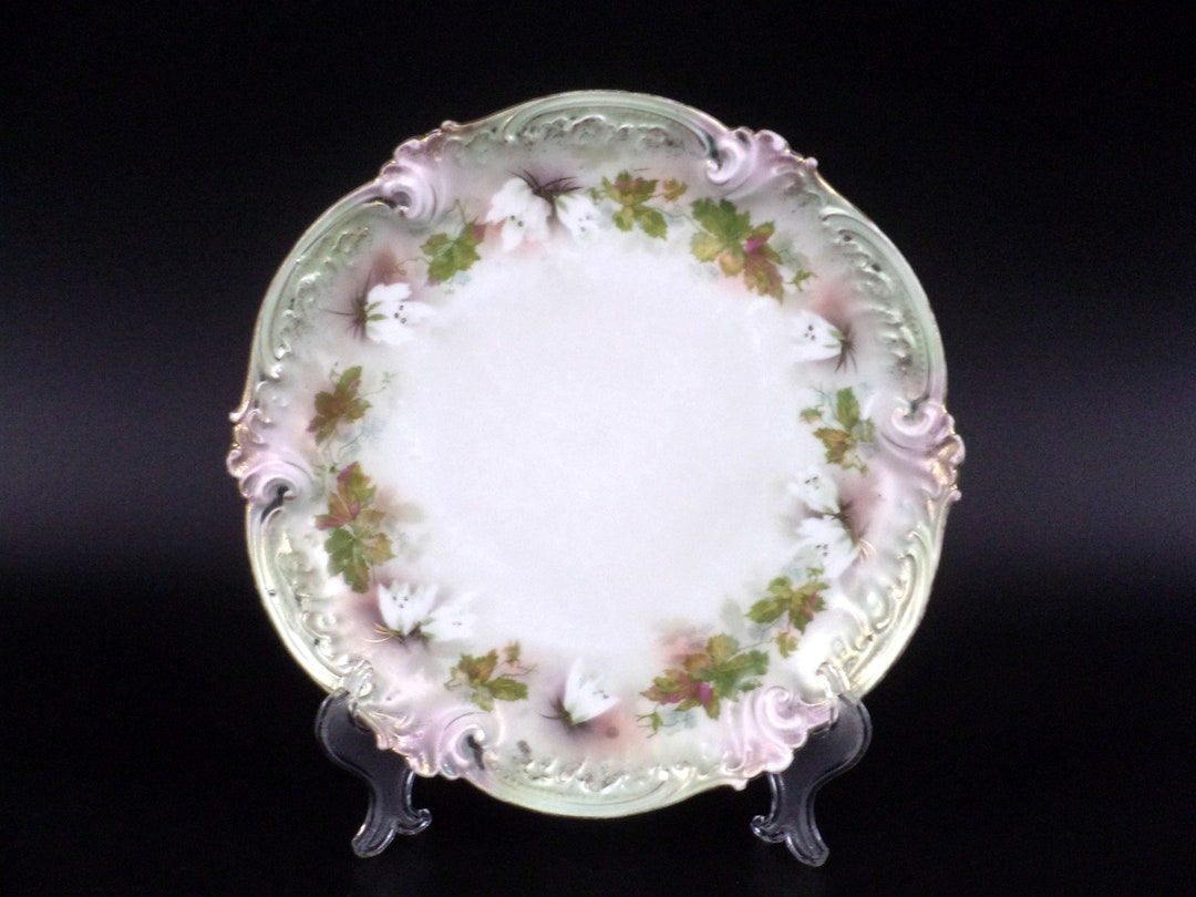 Antique R. S. Prussia Plate, Pale Green and Gold Trim, Floral Design (8 ...