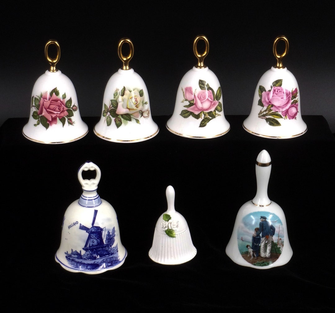 7 Porcelain Bells, Danbury Mint American Rose Collection, Delft ...