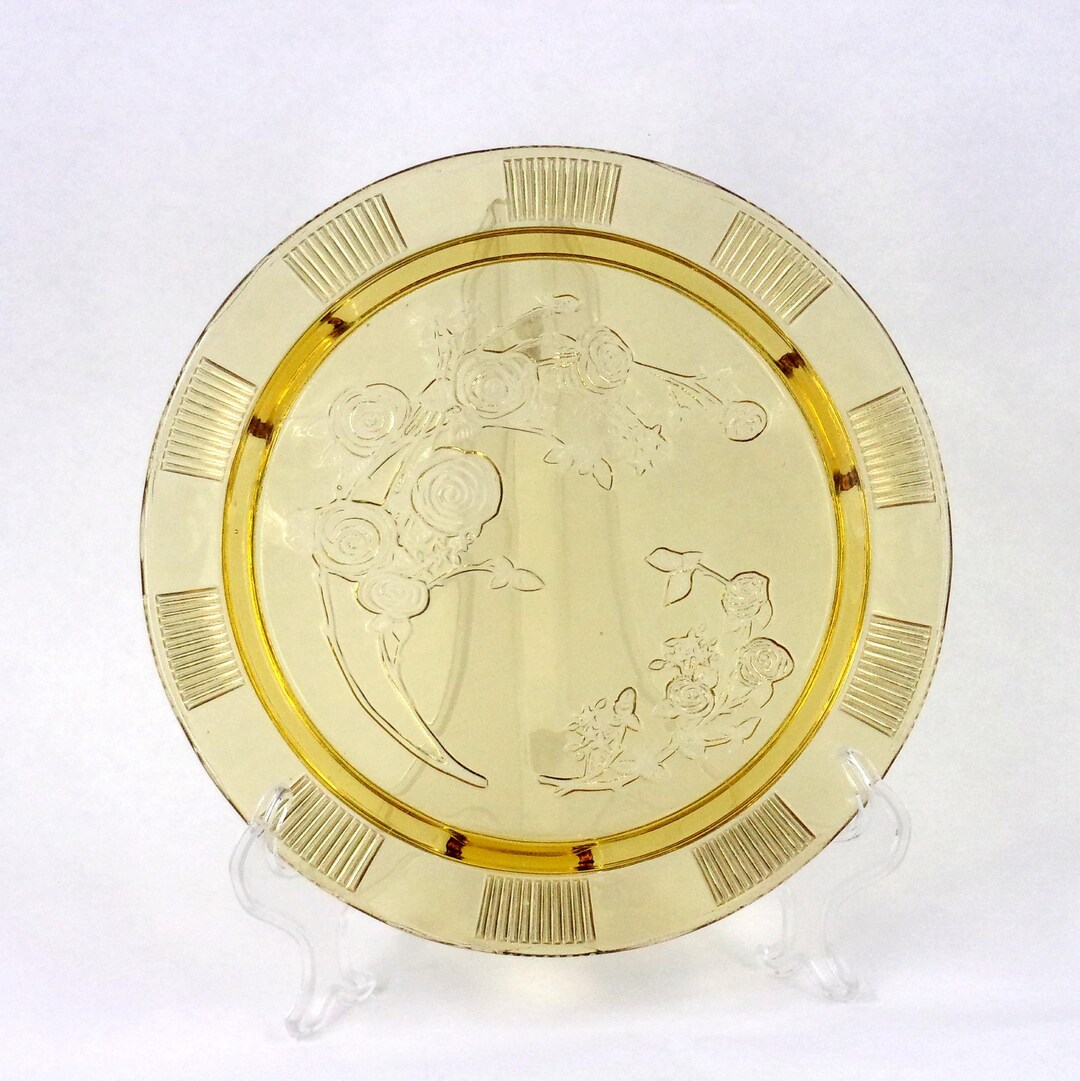 AMBER Sharon/cabbage Rose Footed Cake Plate by Federal, Depression ...