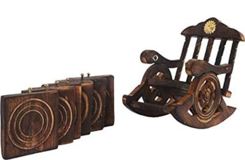 Wooden Rocking Chair Coaster Set for Tea, Coffee, and Drink With Holder ...