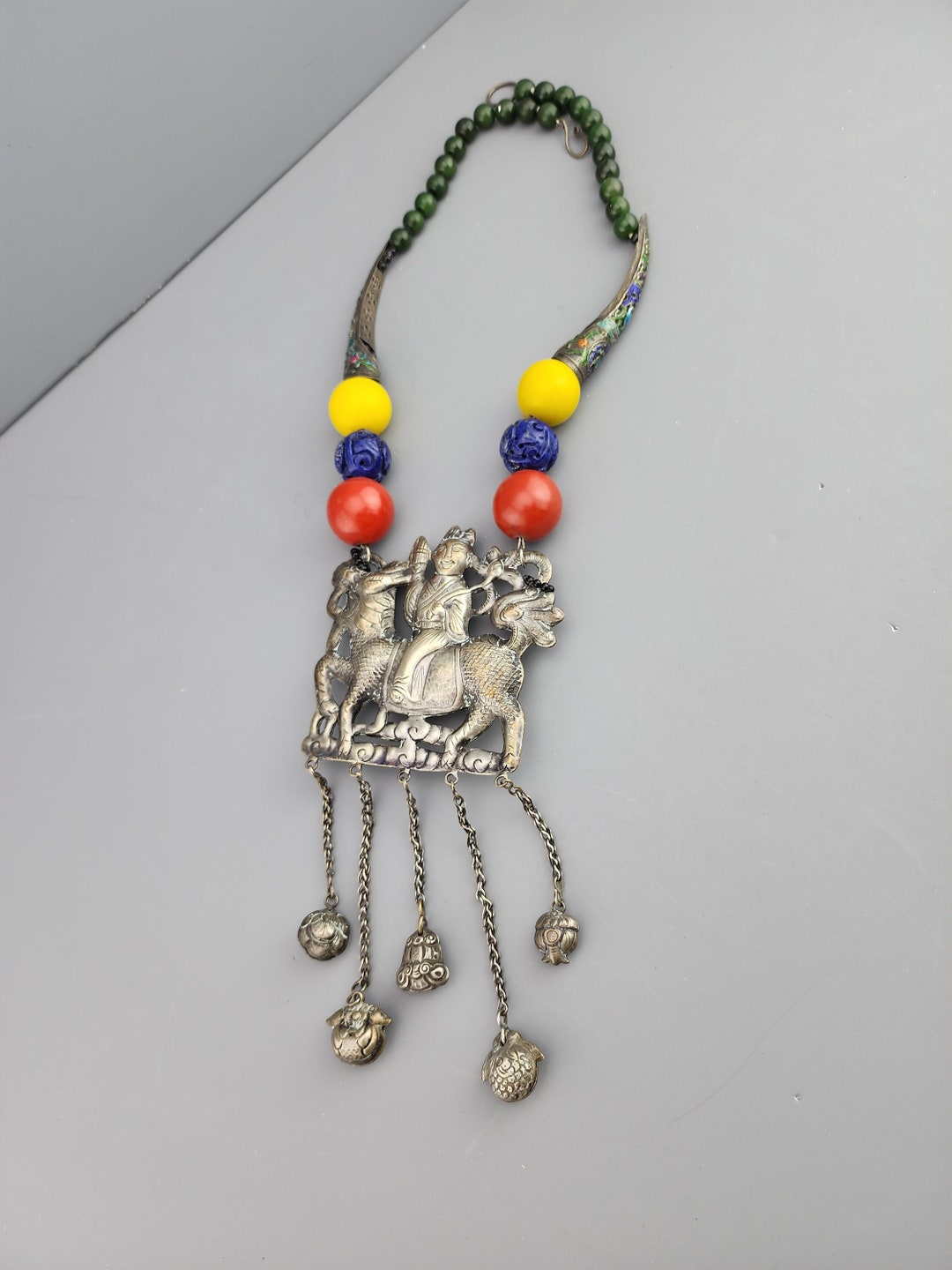 Antique Mongolian Amulet Necklace Lapus Coral Jade Enamel - Etsy